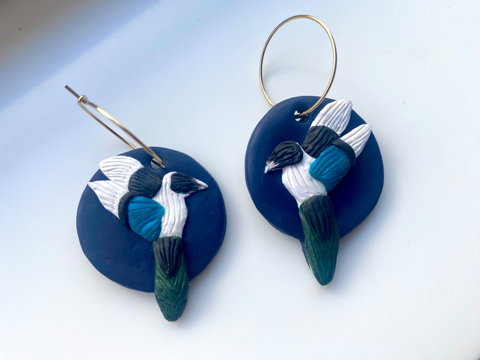 Magpie on Blue Sky, Handmade Polymer Clay Earrings, Lightweight Hoop ...