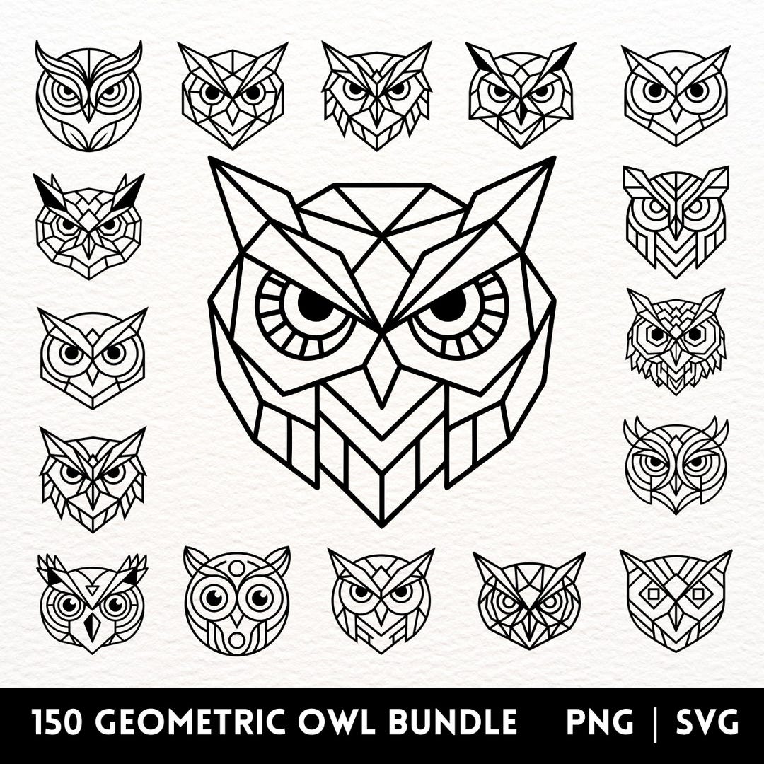150 Geometric Owl Faces SVG PNG Bundle, Black White Designs (digital ...
