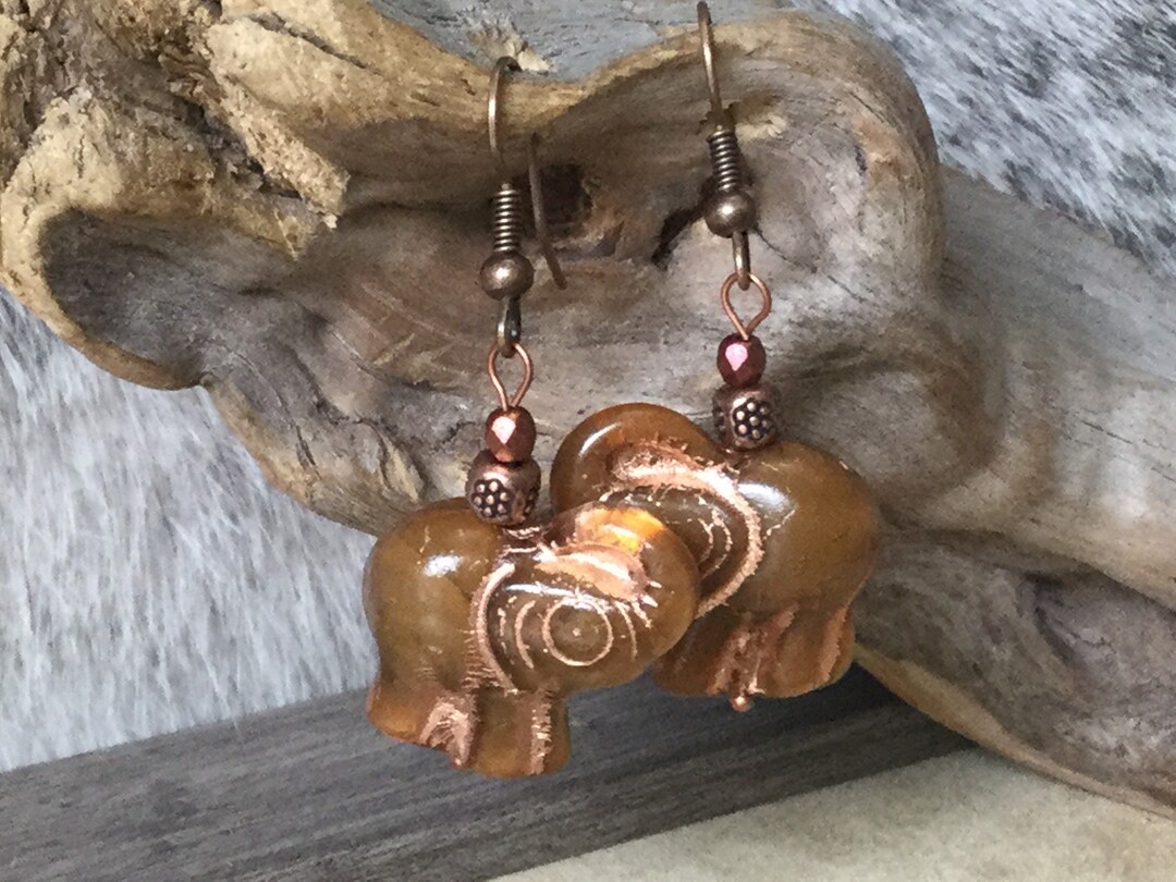 Boho Czech Amber & Rose Gold Elephant Drop Earrings, swirled amber ...