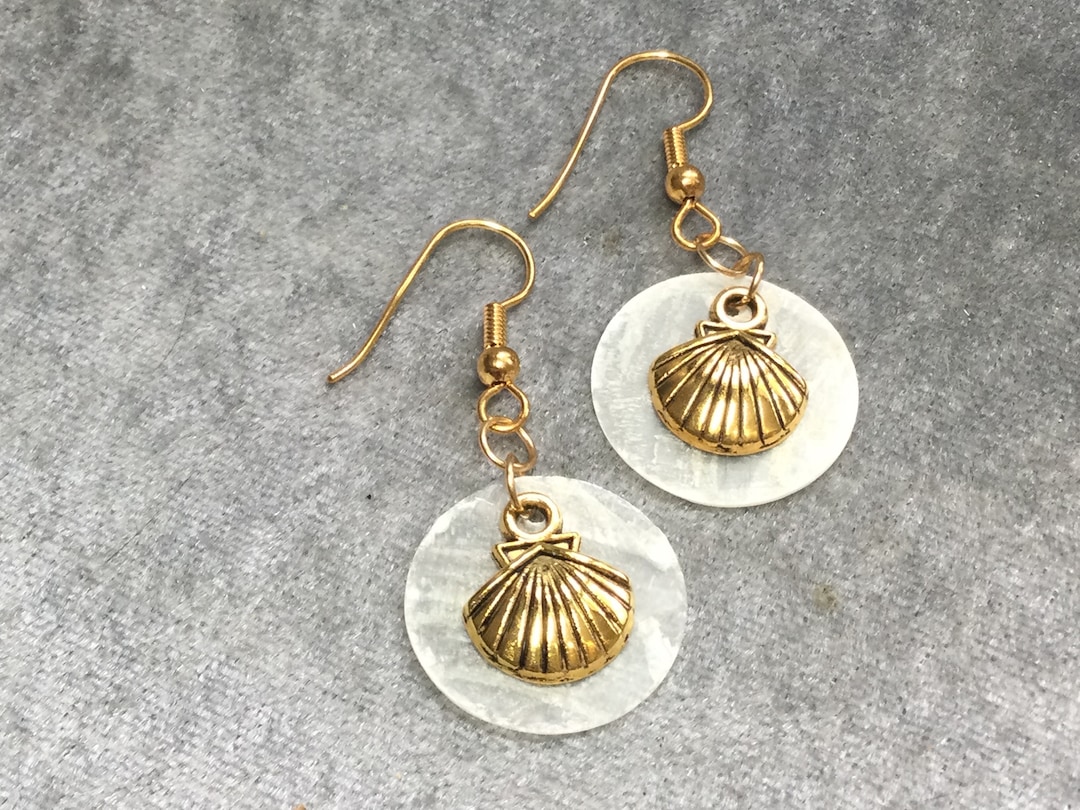 White Shell Moon & Golden Scallop Shell Earrings, Large Gold-plated Sea ...