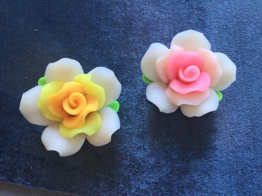 Set of 2 Polymer Clay Rose Magnets, White With Yellow Center, White ...