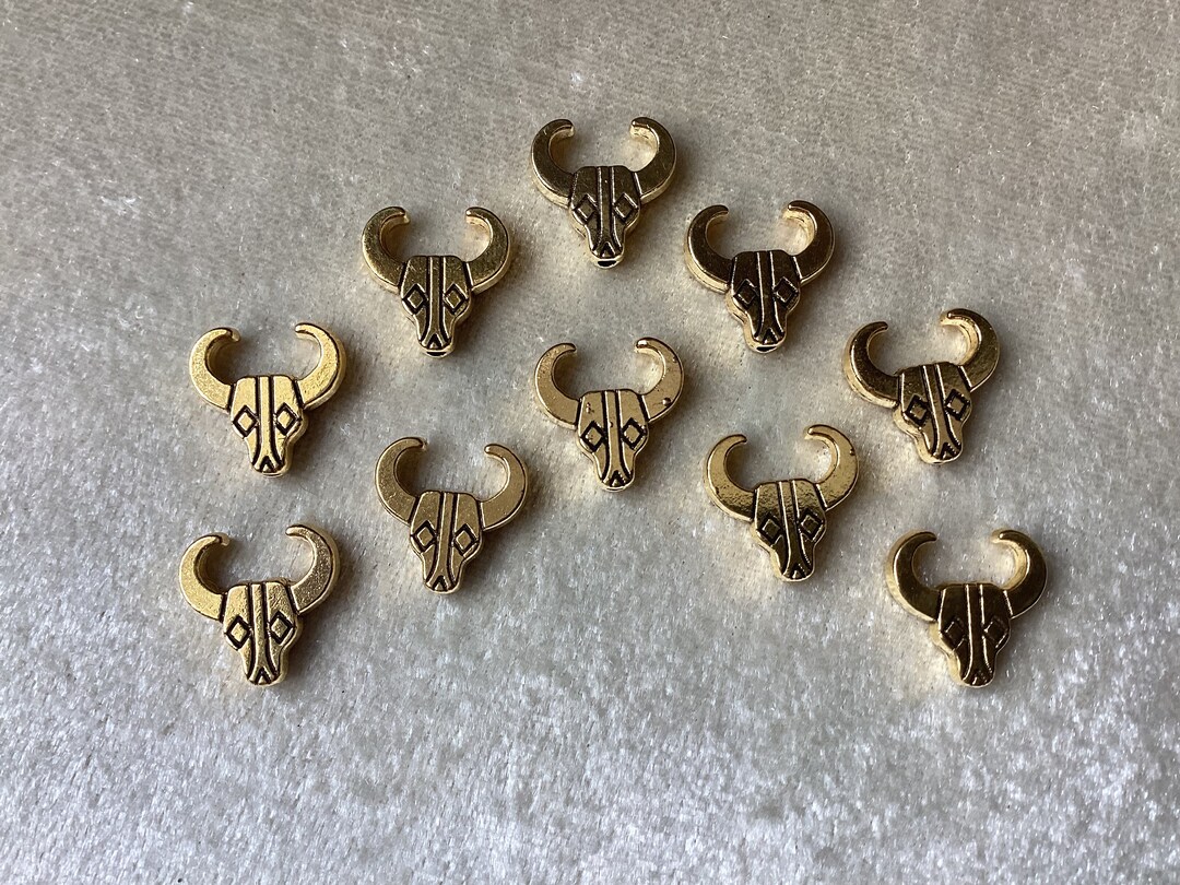 Set of 10 Tiny 3D Cow Skull Beads, Gold Plated Alloy, Detailed Longhorn Cattle Head Bead ...