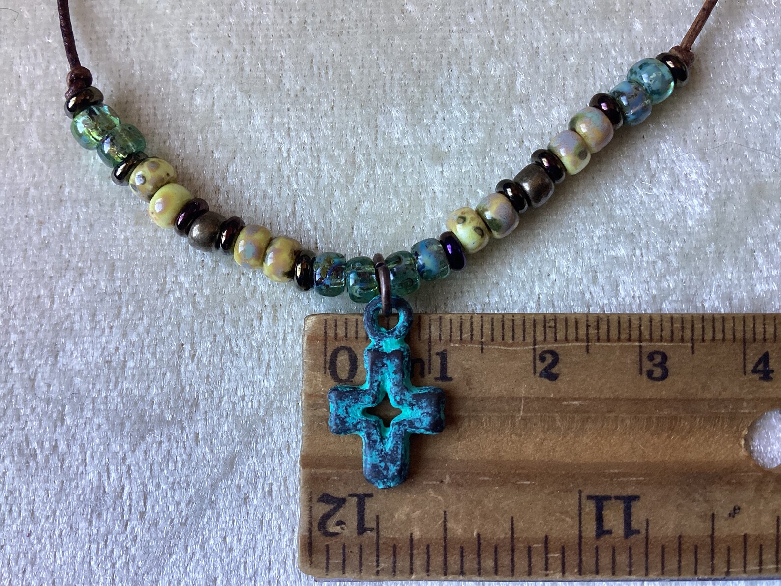 Adjustable Leather Oxidized Copper Cross Choker, Seafoam Antiqued Bone ...