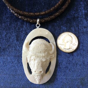 Carved Bone Buffalo Bison Head Pendant on Braided Leather Necklace ...