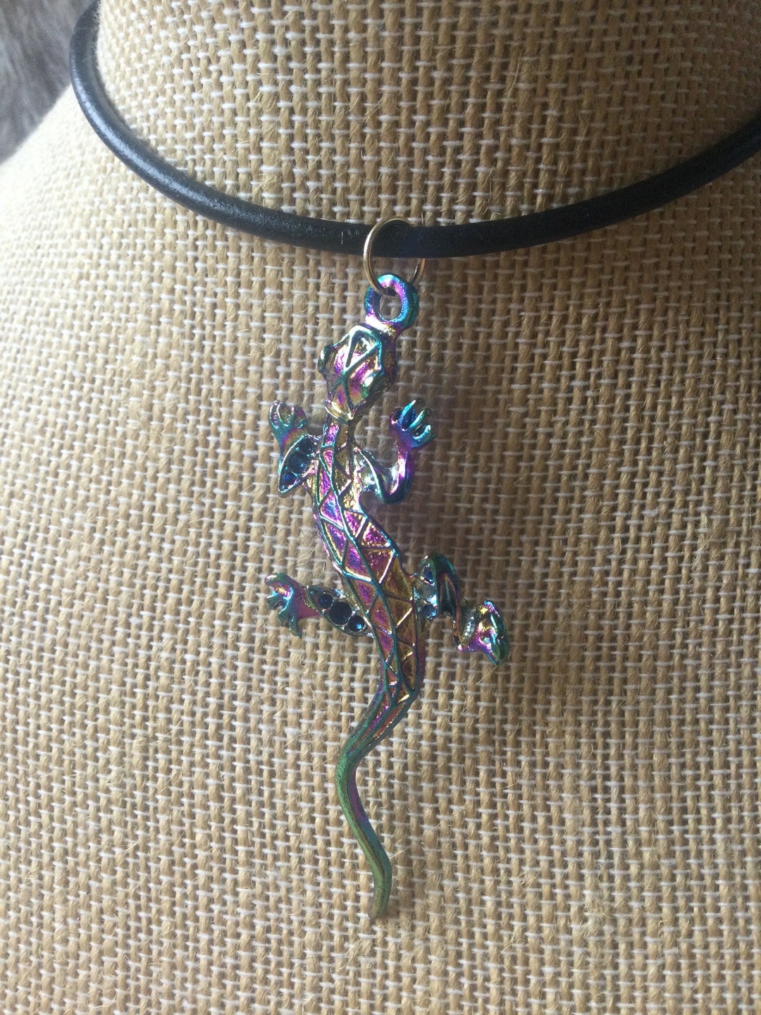 Rainbow Ionized Lizard Gecko Necklace , Multi Color Salamander Leather ...