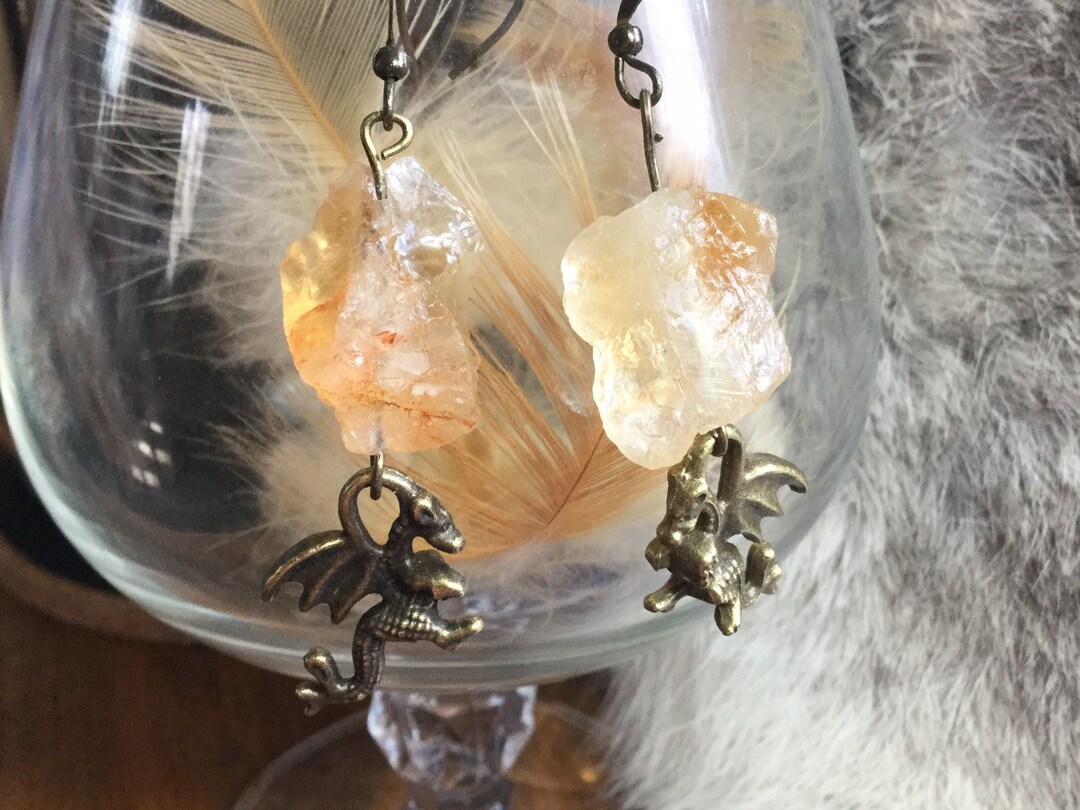 Raw Citrine Bronze Dragon Earrings, Natural Stone, Raw Citrine, Baby ...