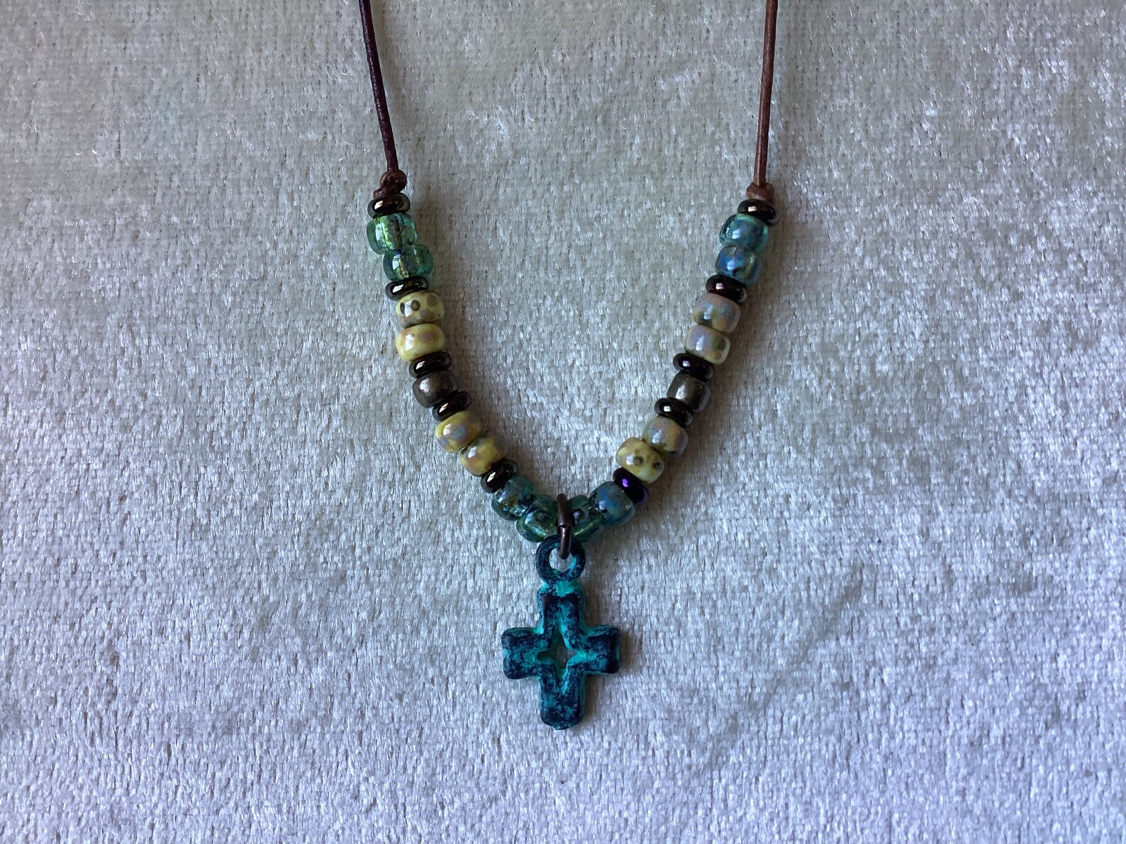 Adjustable Leather Oxidized Copper Cross Choker, Seafoam Antiqued Bone ...