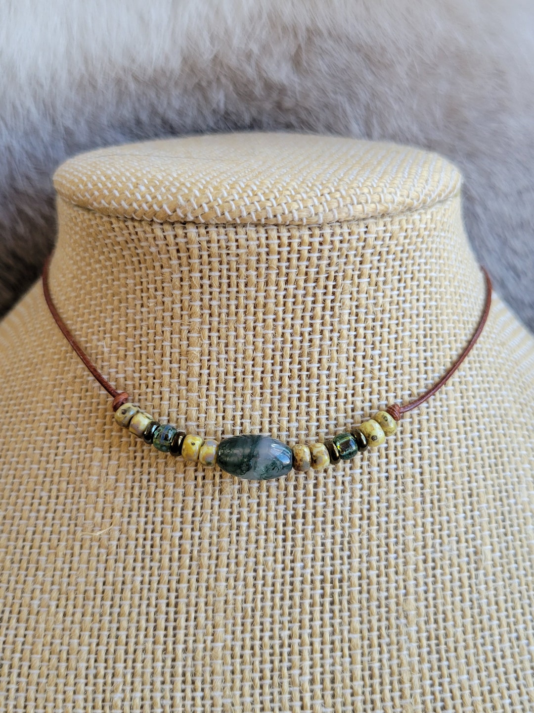 Adjustable Leather Natural Moss Green Agate Choker Necklace, Antique ...