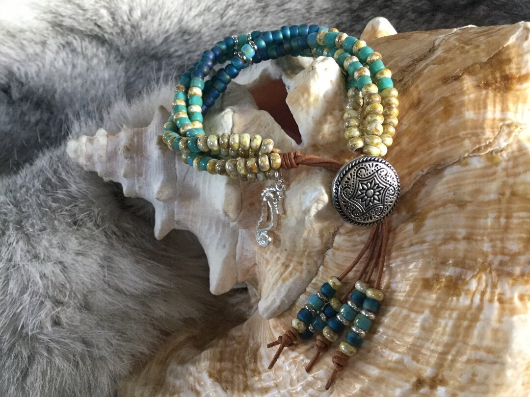 Multi Strand Tan Leather Seahorse Bracelet, Art Deco Flower Button ...