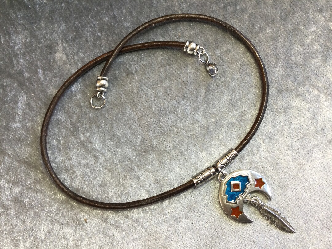 Native American Shield Pendant Leather Choker Necklace, Silver Alloy ...