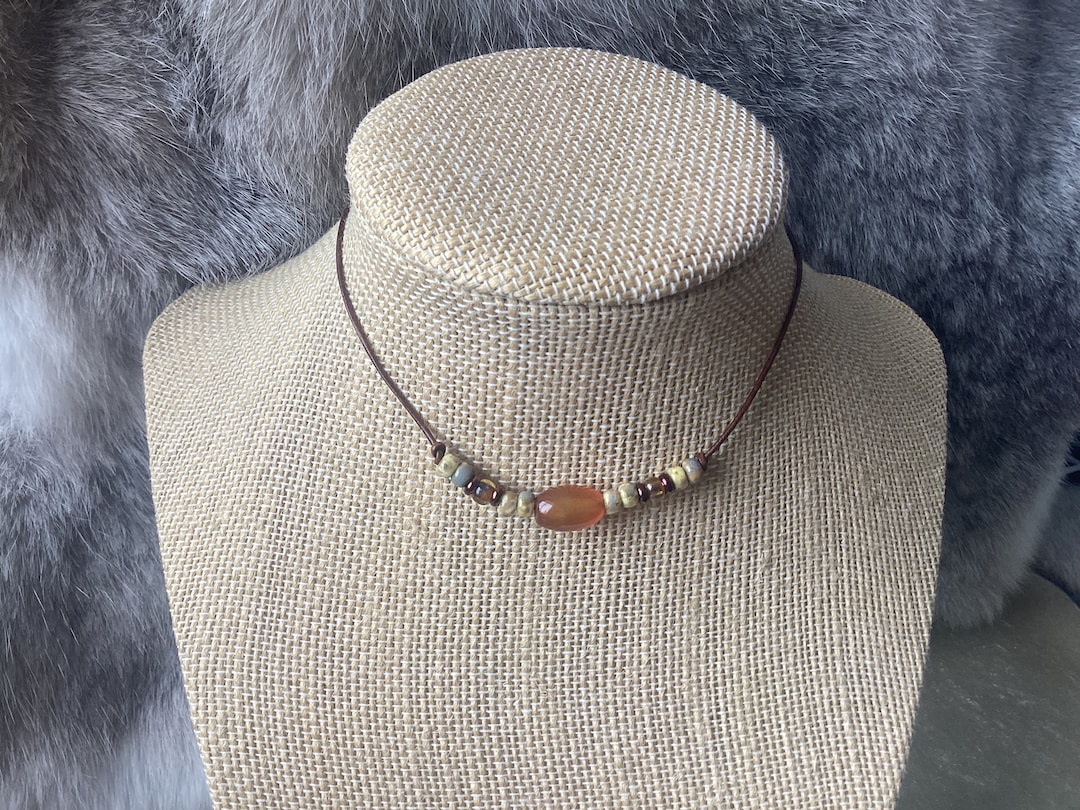 Adjustable Leather Honey Gold Agate Choker Necklace, Antique Bone ...
