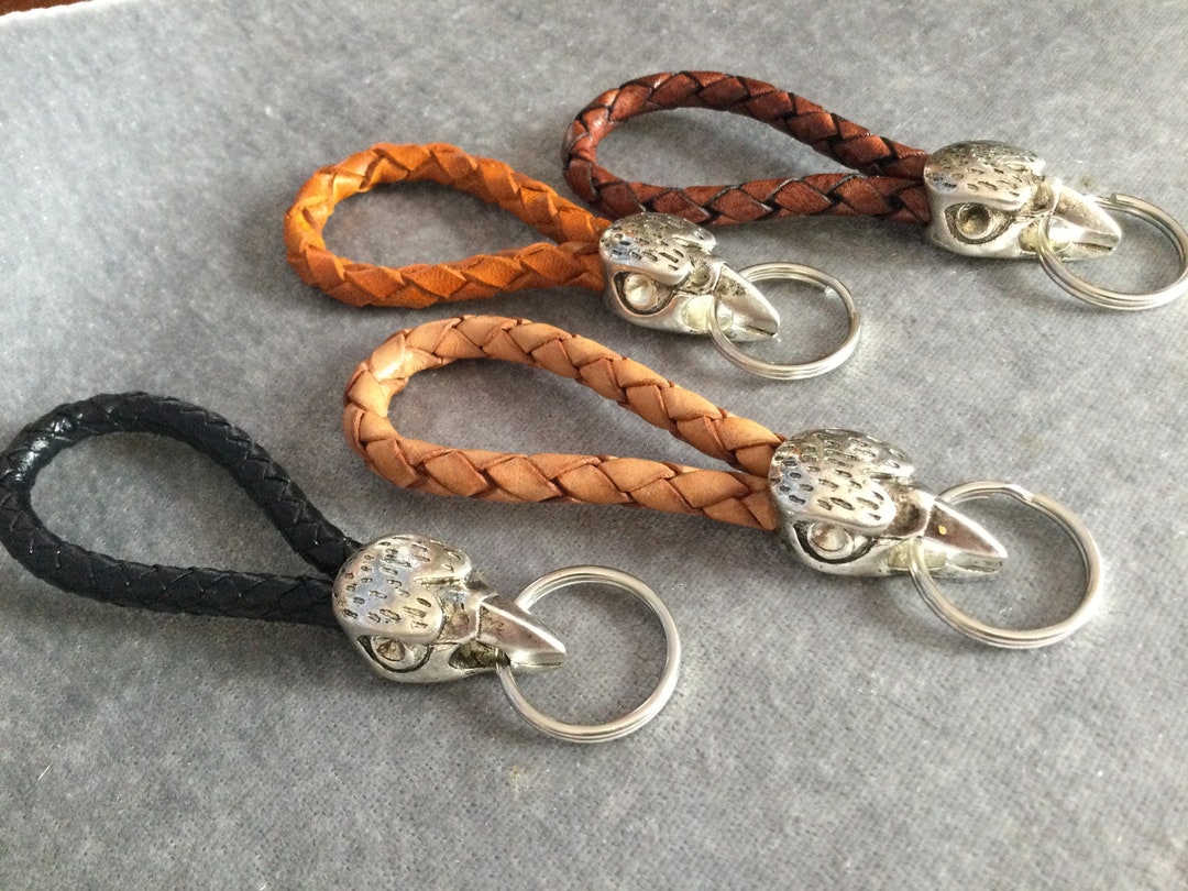 Raven Leather Key Fob, Antiqued Silver Alloy Bird of Prey Key Chain ...