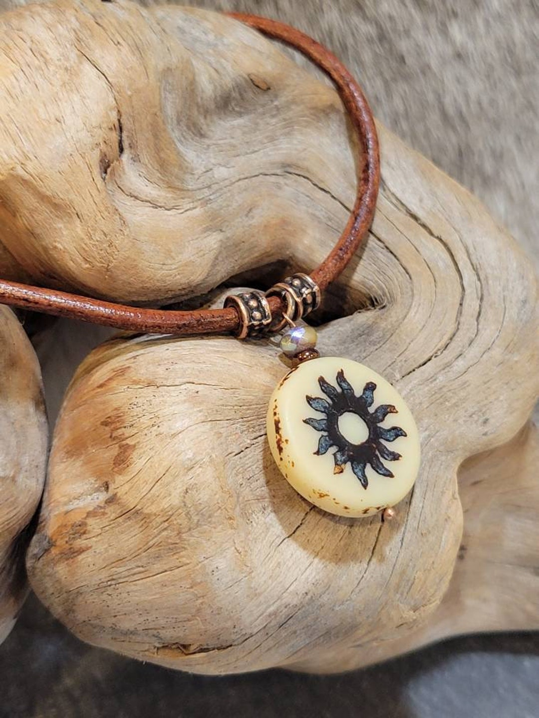 Czech Picasso Aged Bone Colored Glass Sun Boho Leather Necklace, Burnt ...