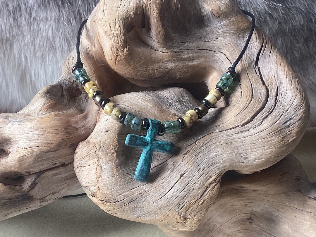 Adjustable Leather Oxidized Copper Cross Choker, Seafoam Antiqued Bone ...