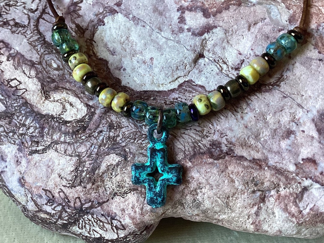 Adjustable Leather Oxidized Copper Cross Choker, Seafoam Antiqued Bone ...