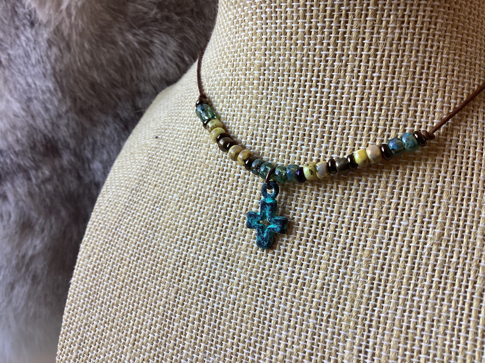 Adjustable Leather Oxidized Copper Cross Choker, Seafoam Antiqued Bone ...
