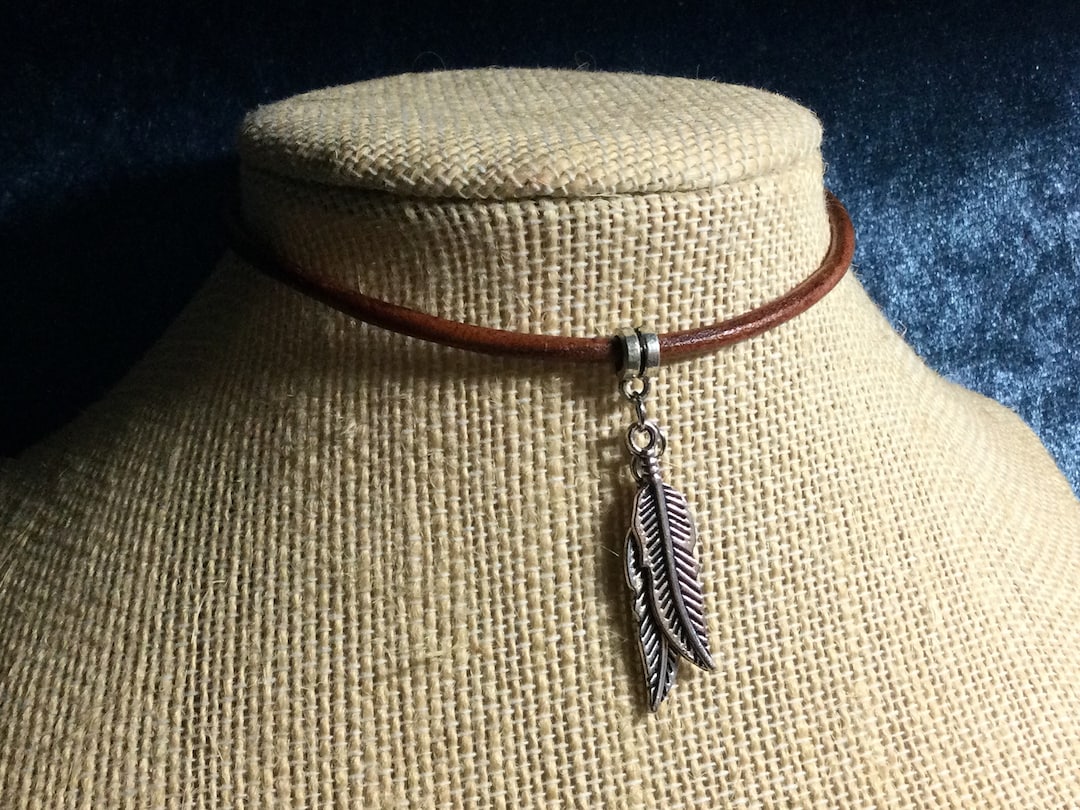 Two Feathers Charm Leather Choker Necklace, Silver Alloy Feather ...