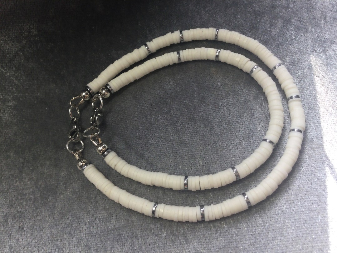 White & Silver Polymer Clay Heishi Surfer Anklet, Electroplated Silver ...