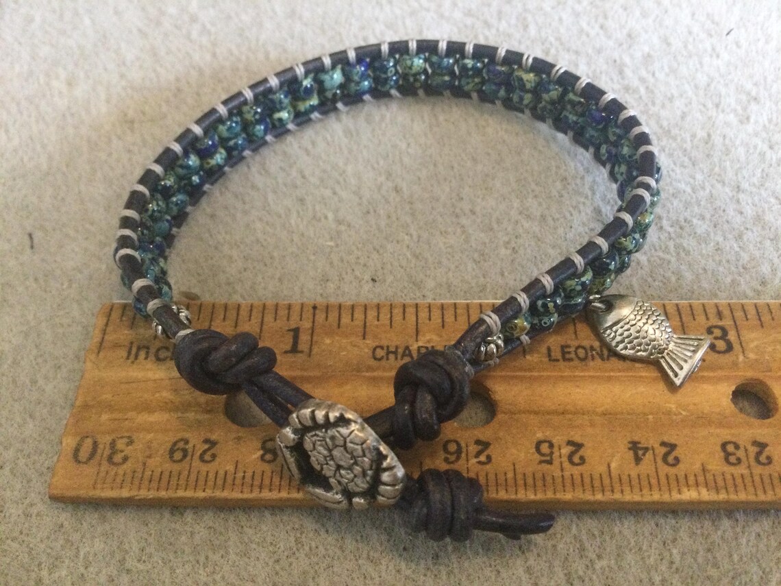 OOAK Crab Button Leather Ladder Stitch Wrap Bracelet, Blue Black ...