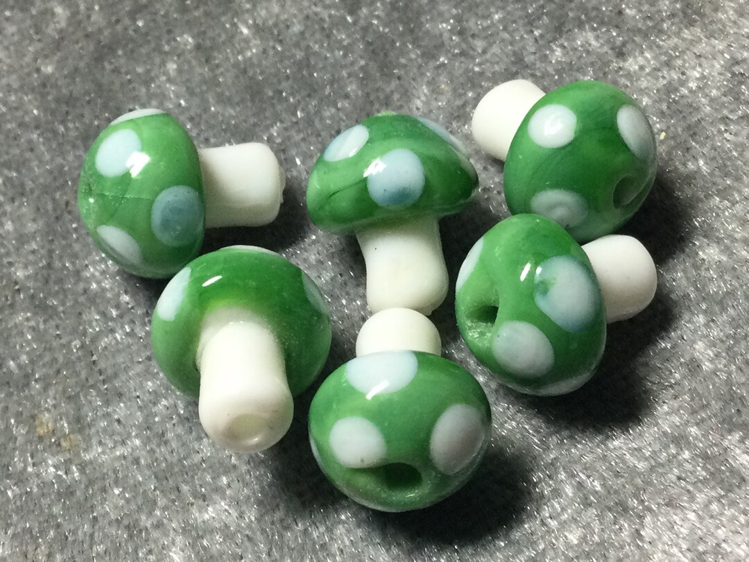 Set of 6 Tiny Opaque Green and White Lampworked Mushroom Beads, Light ...