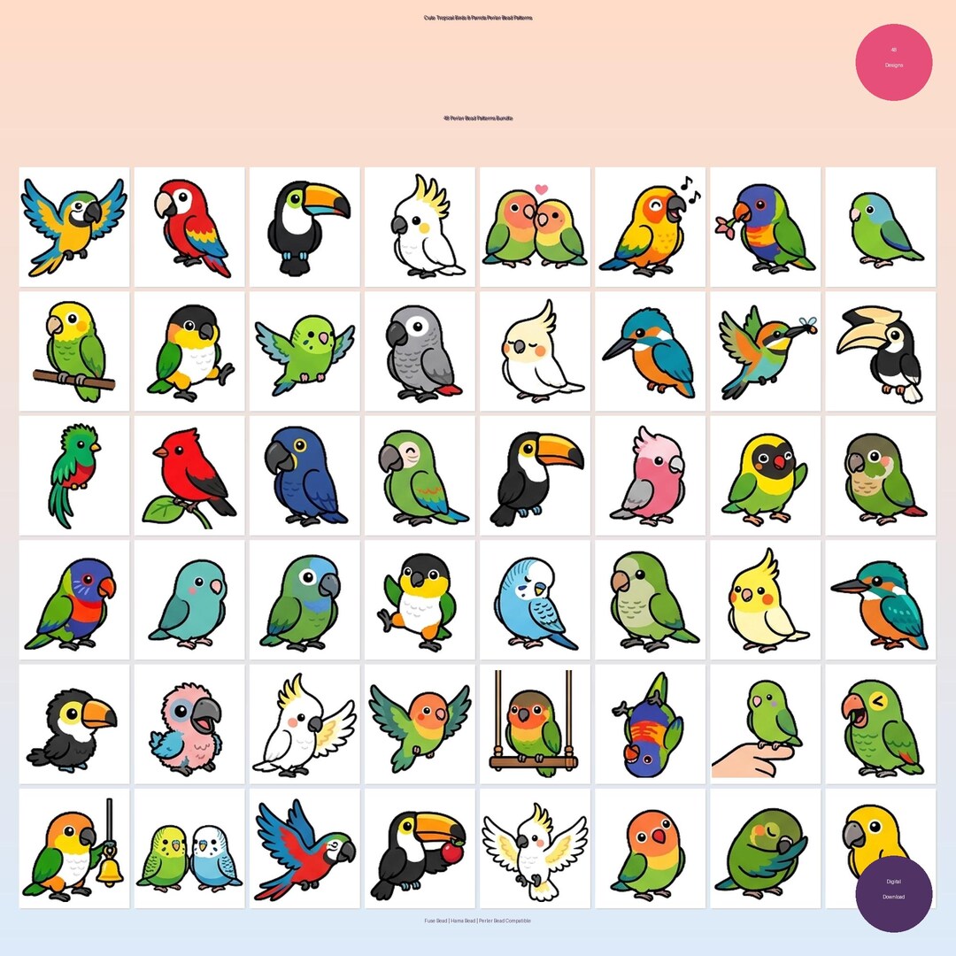 Tropical Birds Perler Bead Patterns Bundle, 48 Designs (PDF Digital ...