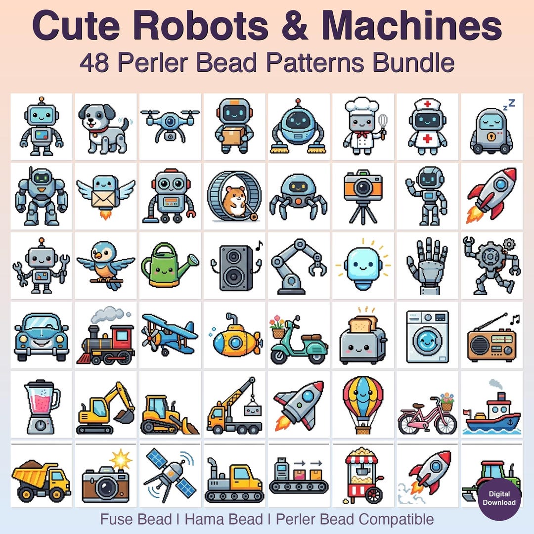 Robots Machines Perler Bead Patterns Bundle, 48 Designs (PDF Digital ...