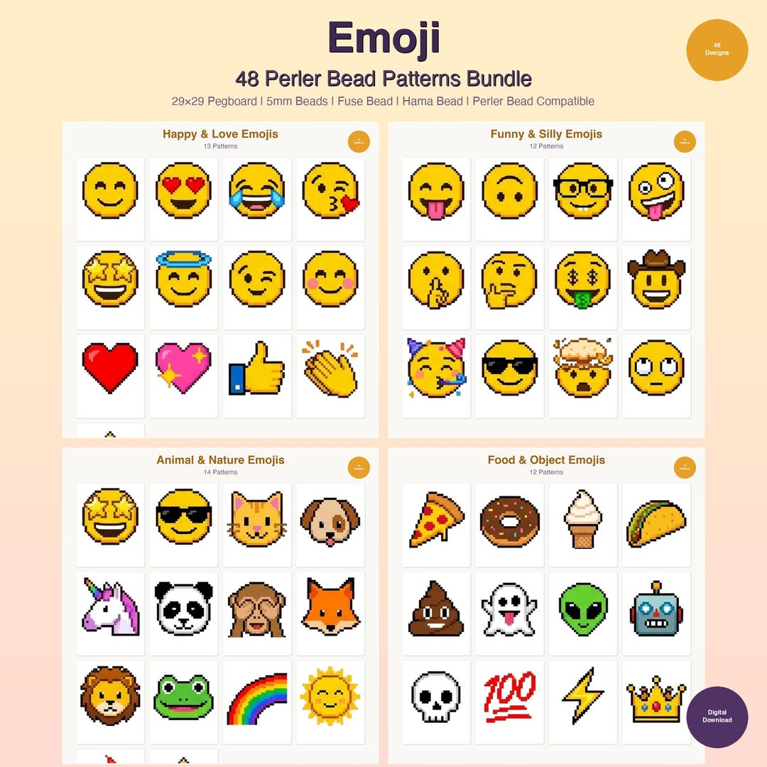 48 Emoji Perler Bead Patterns Bundle, Fuse Bead Templates (PDF Digital ...