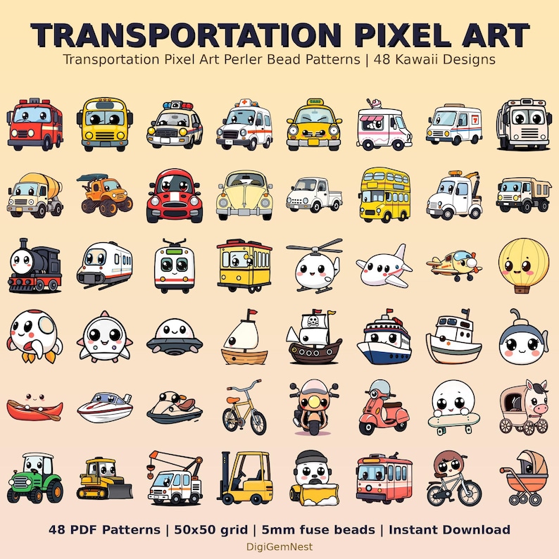 Kawaii Transportation Pixel Art Perler Bead Patterns | 48 Vehicle ...