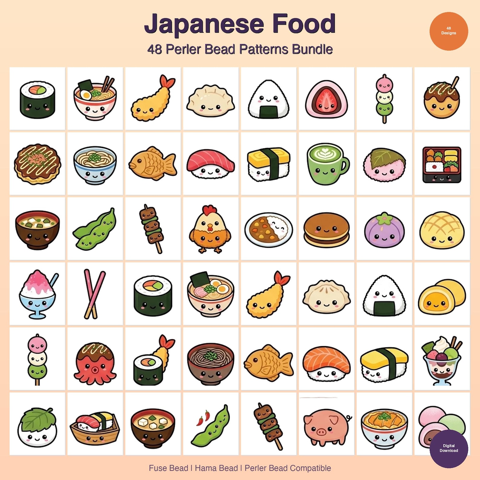 Japanese Food Perler Bead Patterns Bundle, 48 Designs (PDF Digital ...
