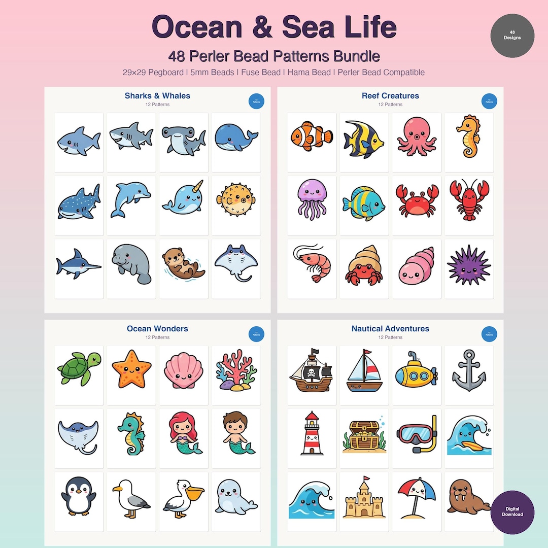 48 Ocean Sea Life Perler Bead Patterns Bundle, Marine Animals (PDF ...