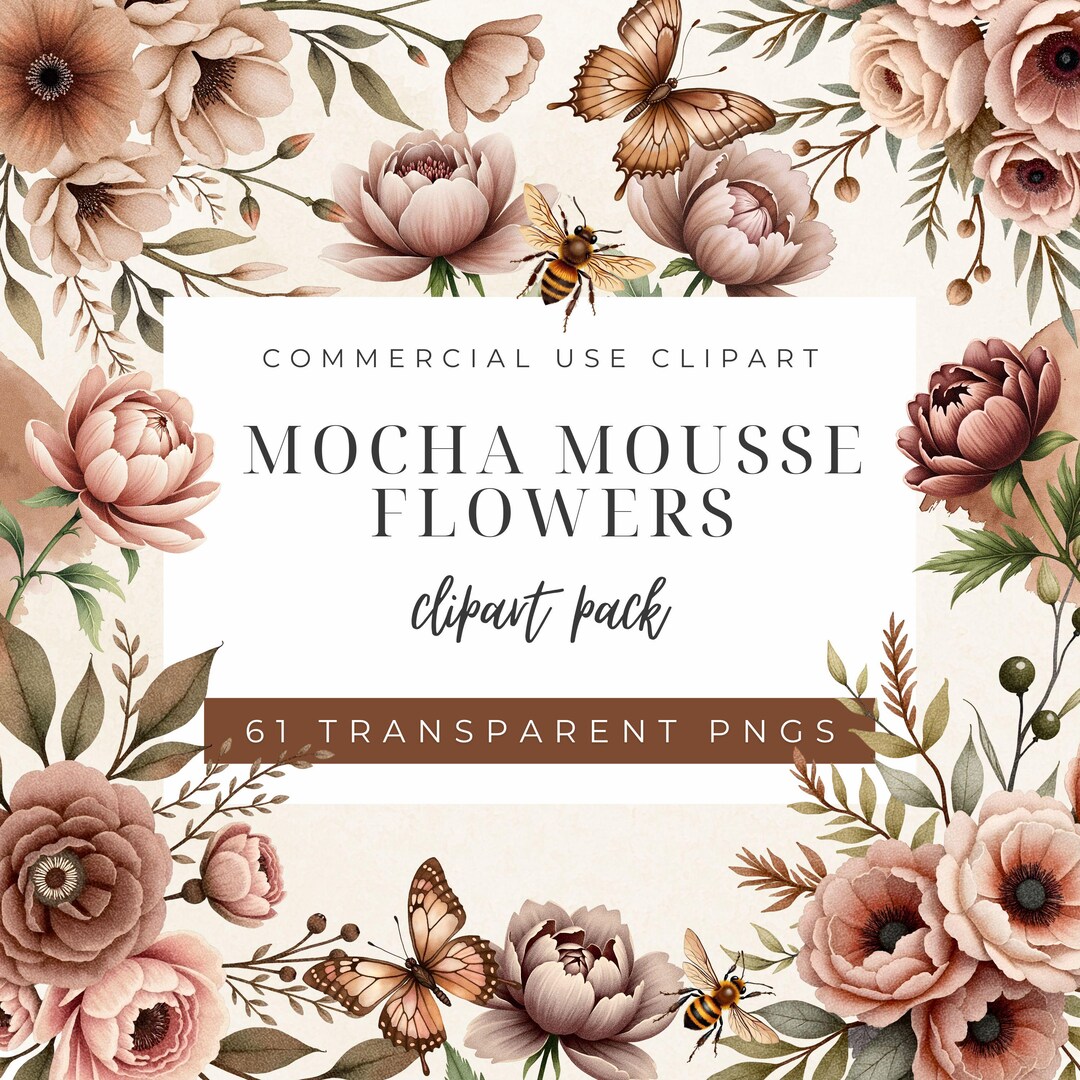 Mocha Mousse Flowers Clipart, Watercolor Floral Graphics, Digital ...