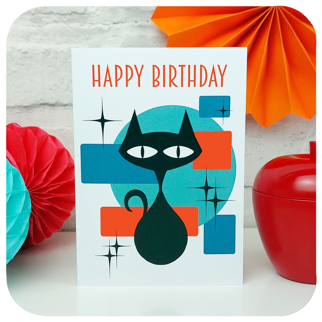 Retro Cat Birthday Card - Mid Century Atomic Design - Etsy UK