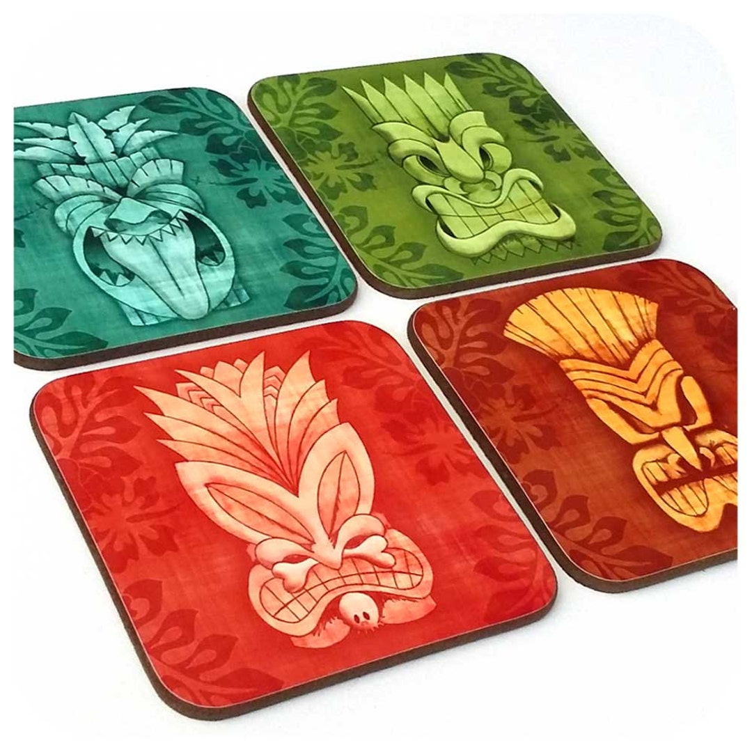 Tiki Coasters Set of Four Tiki Bar Accessories Hawaiian - Etsy