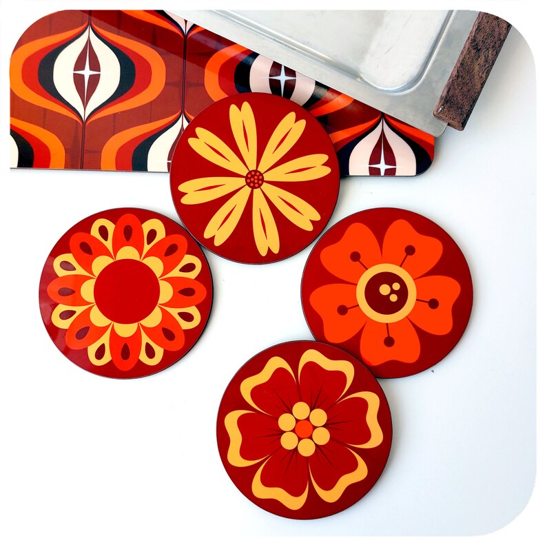 Retro 70s Flowers Coasters, Set of Four - 1970s Orange Drinks Mats ...