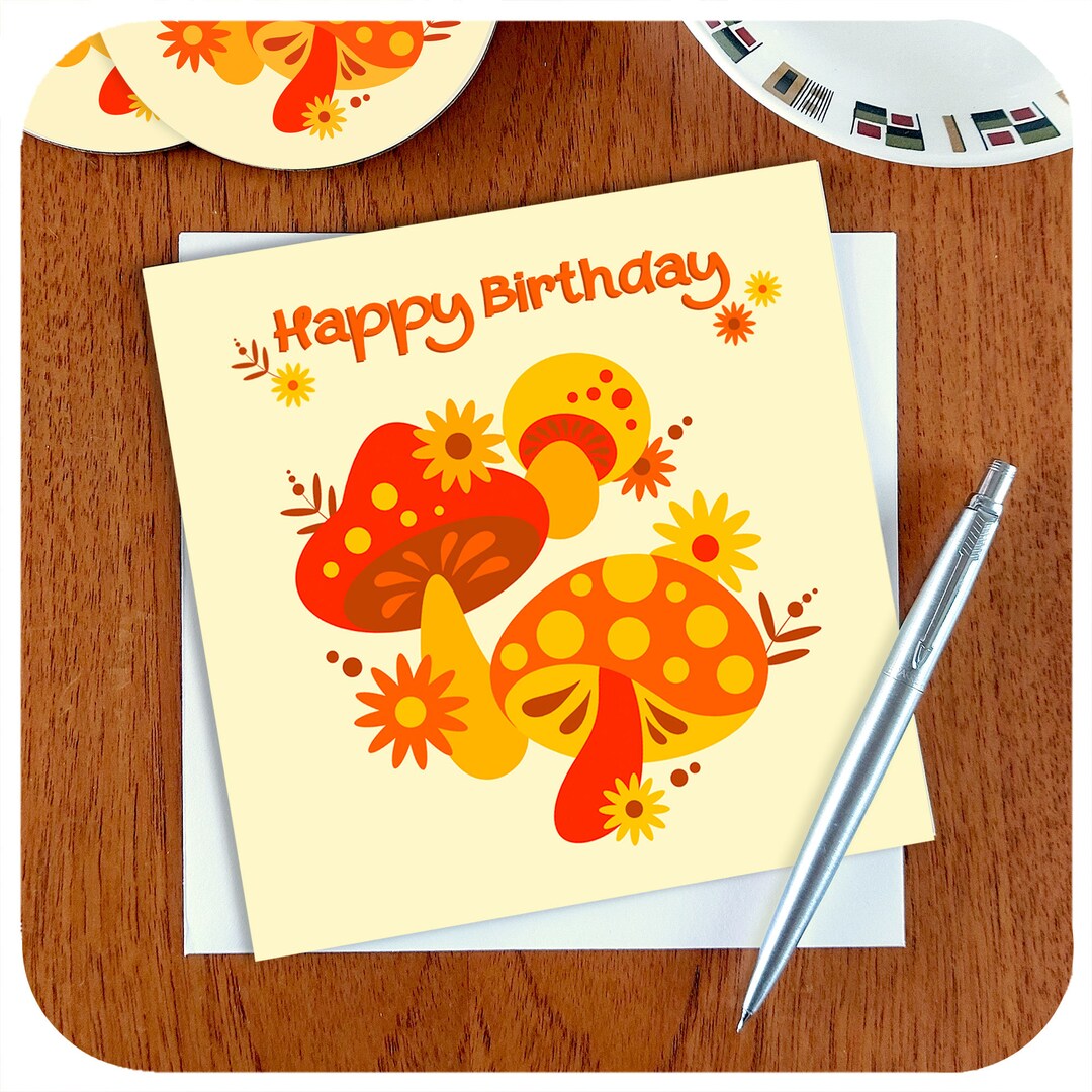 70s Retro Mushrooms Birthday Card - Cute Card for Mushroom Lovers ...