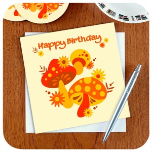70s Retro Mushrooms Birthday Card - Cute Card for Mushroom Lovers ...