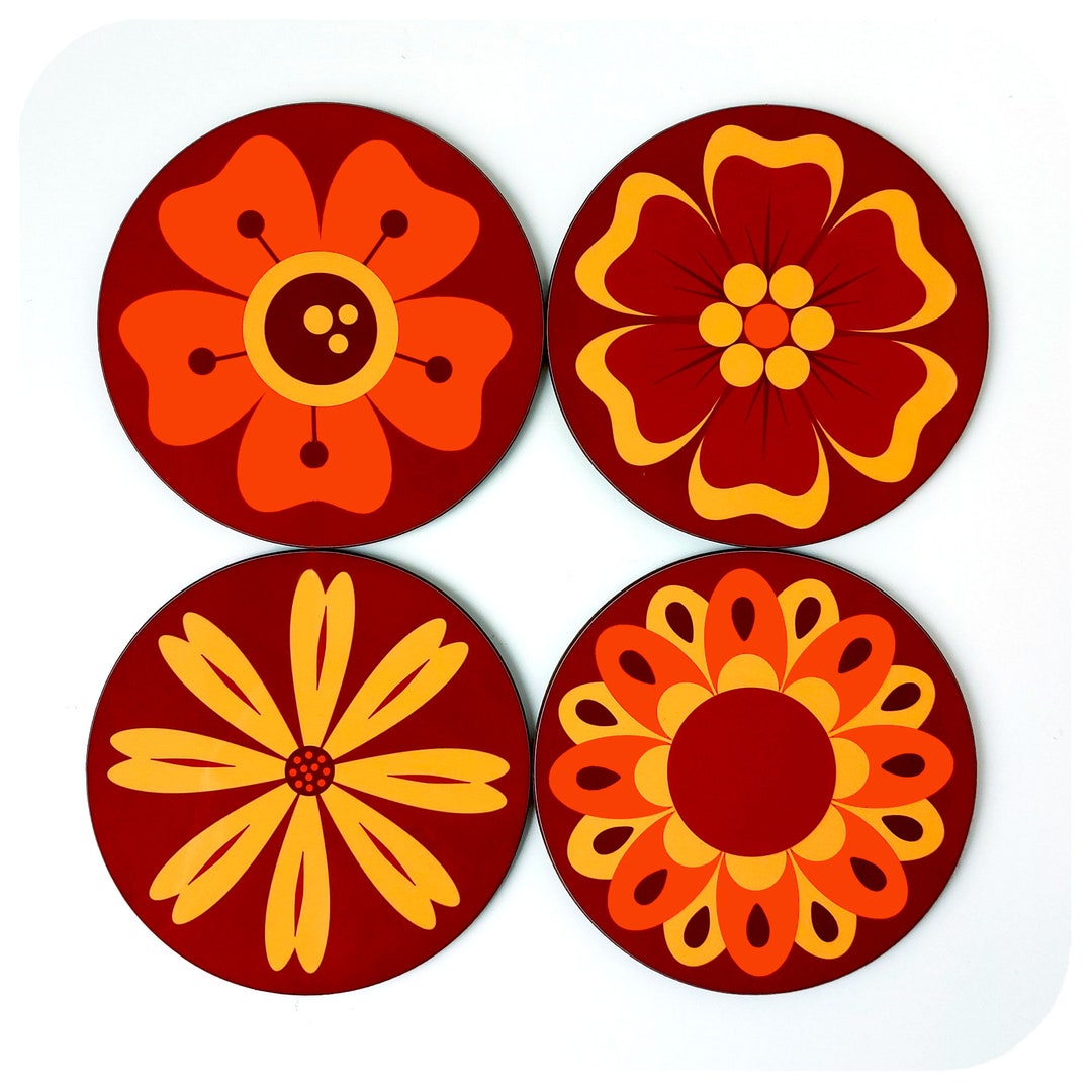 Retro 70s Flowers Coasters, Set of Four - 1970s Orange Drinks Mats ...