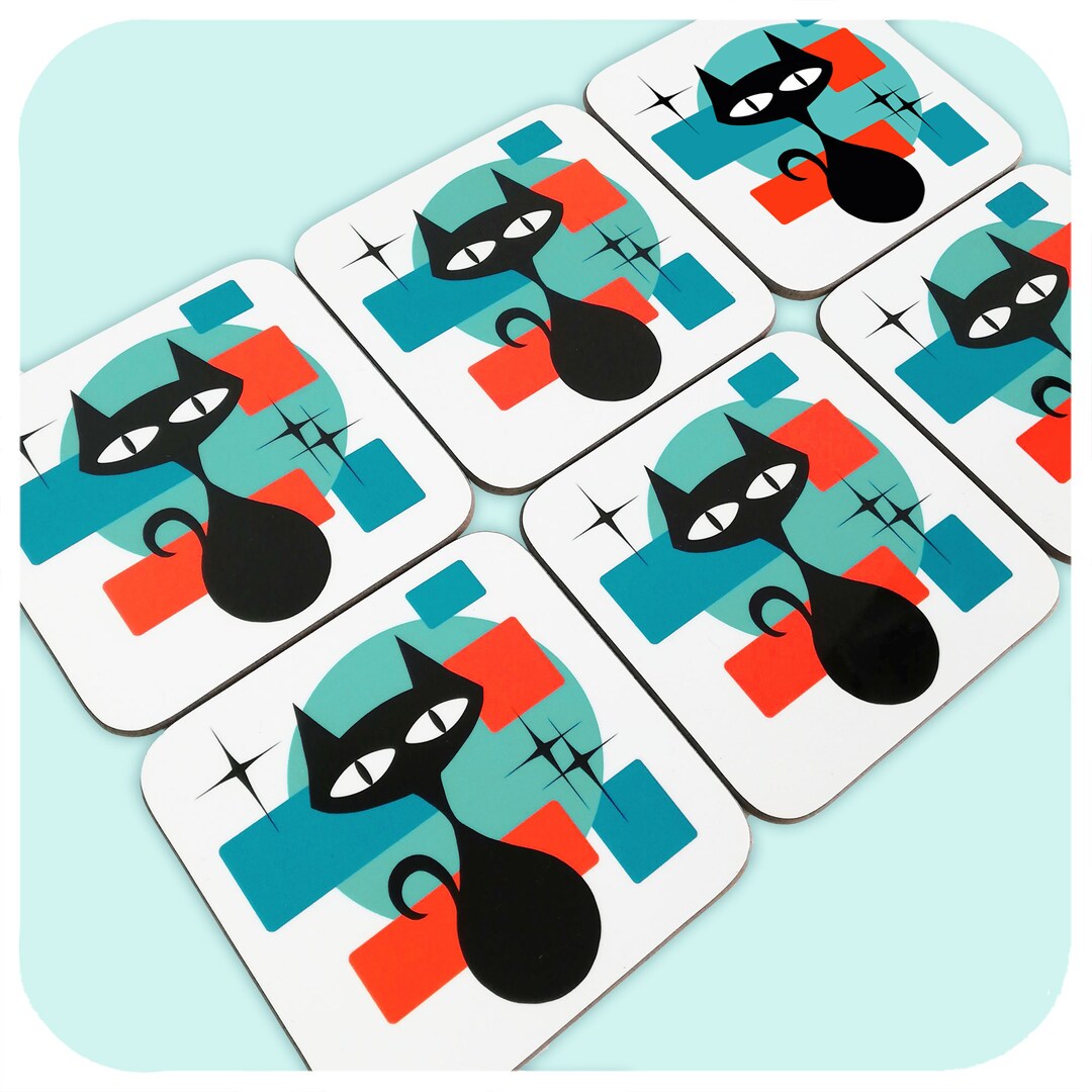 Retro Cat Coasters, Set of 6 - Atomic Cat Drinks Mats - Mid Century ...