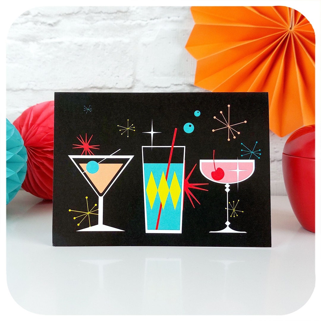Retro Cocktails Card - Mid Century Greetings Card - 50s Style Blank ...
