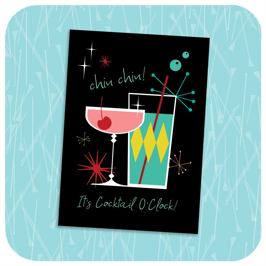 It's Cocktail O'clock Card - Atomic Cocktails Birthday Card - Mid ...