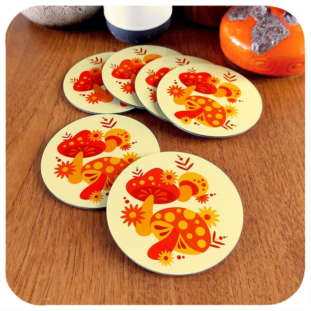 70s Mushrooms Coasters, Set of 6 Retro 1970s Style Drinks Coasters ...