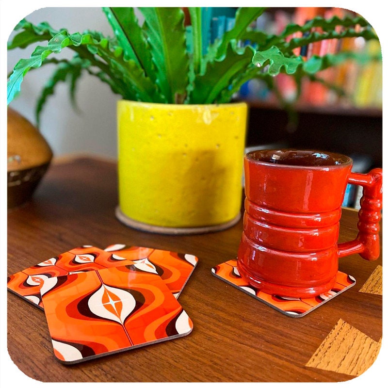 Orange Op Art Coasters set of 6 Retro Home Decor 70s Decor | Etsy