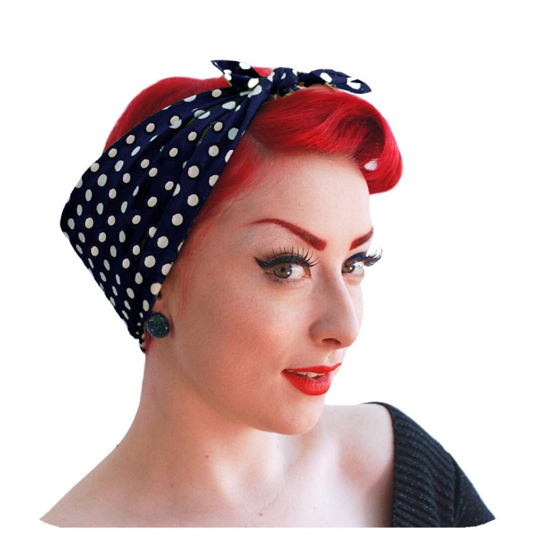 Navy Polka Dot Bandana - Navy and White Spotted Headscarf - Retro Head ...