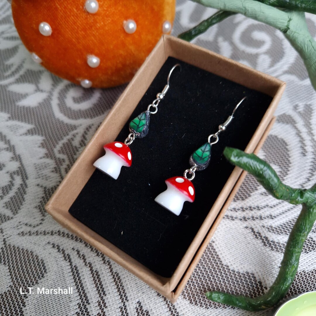 Gorgeous Handcrafted Resin Toadstool & Polymer Clay Leaf Beads Earrings ...