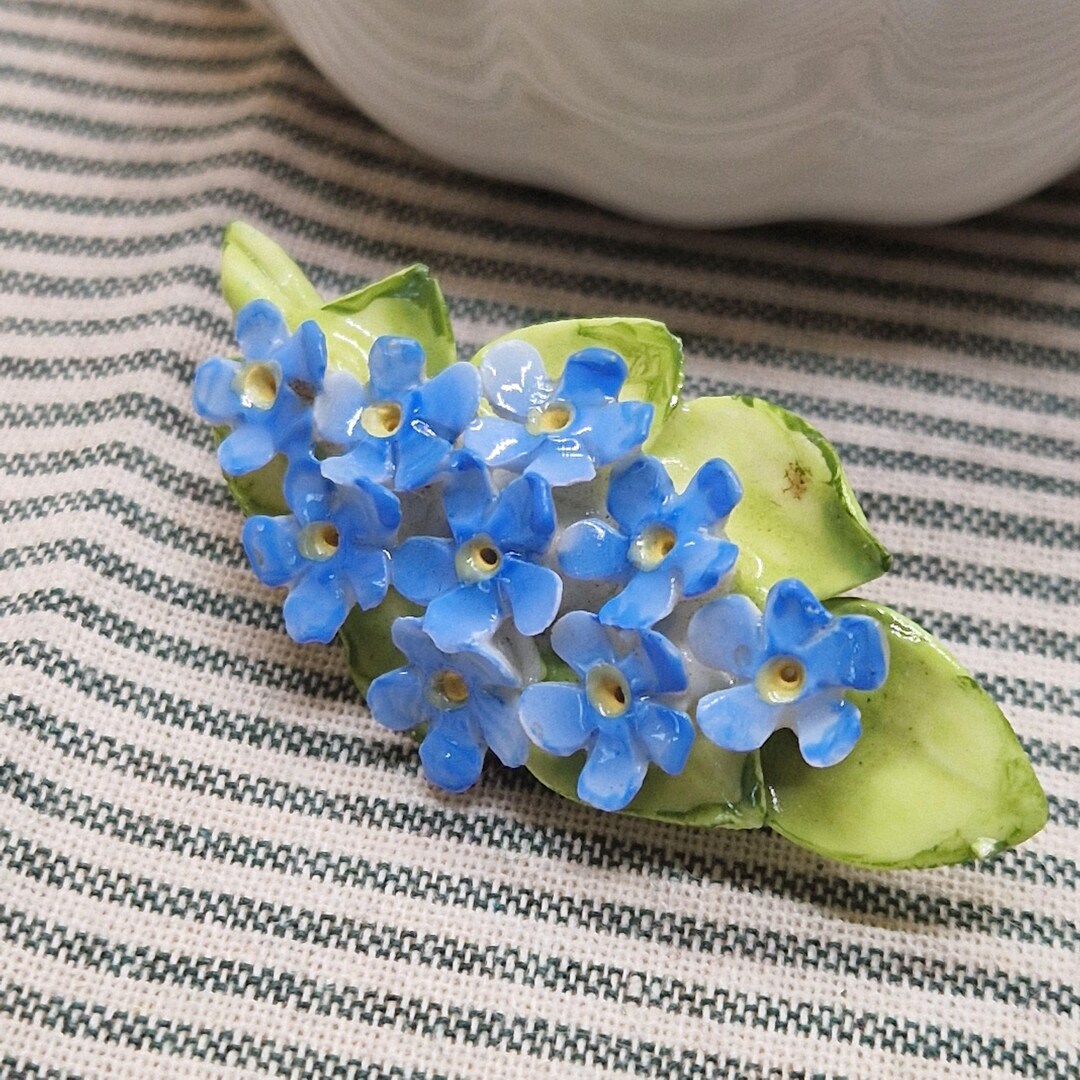 Restored Vintage Porcelain Forget-me-not Brooch: Hand-painted Floral ...