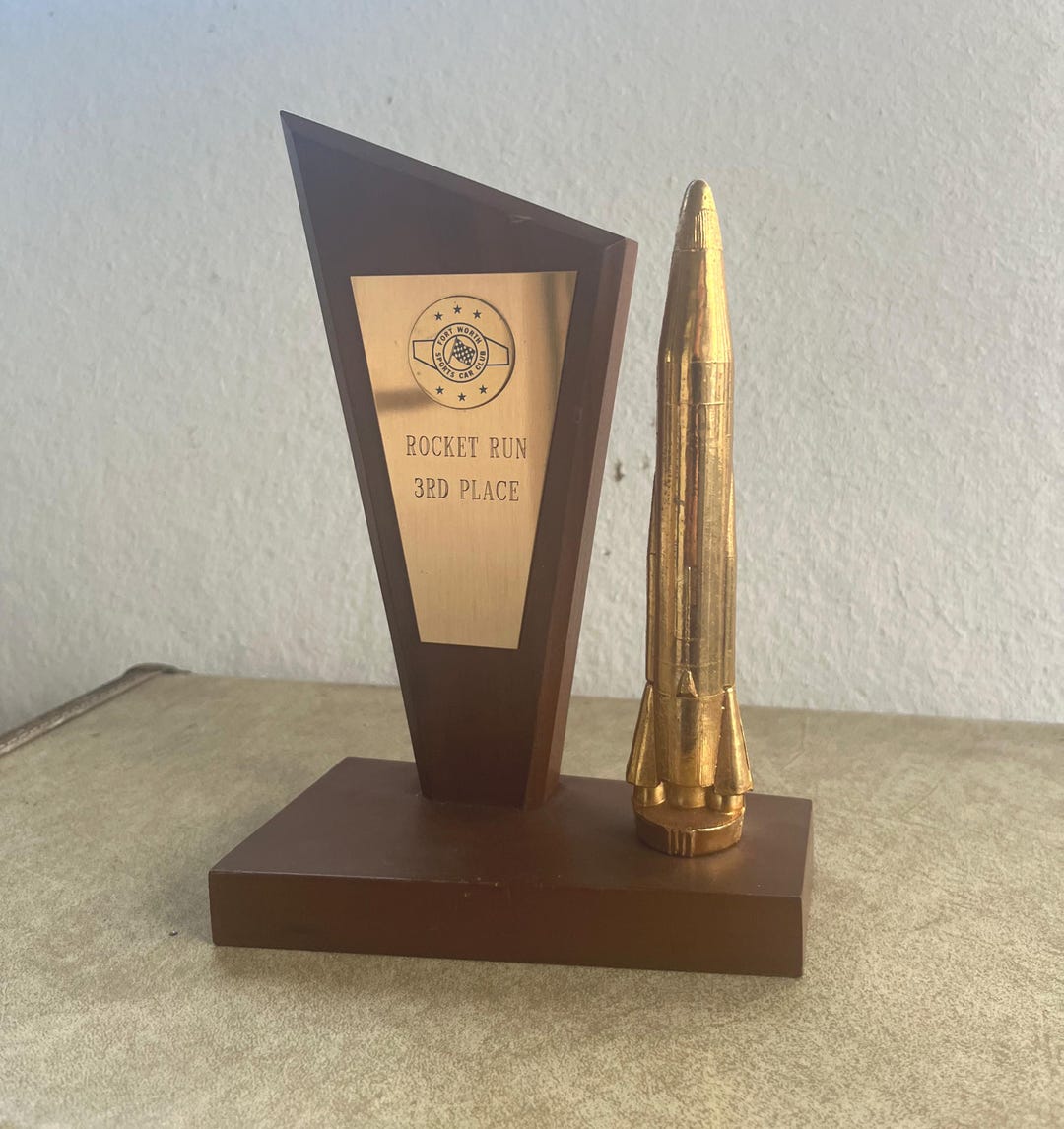 Texas Sports Car Club Rocket Run Trophy, Gold Tone Rocket, Mid Century ...