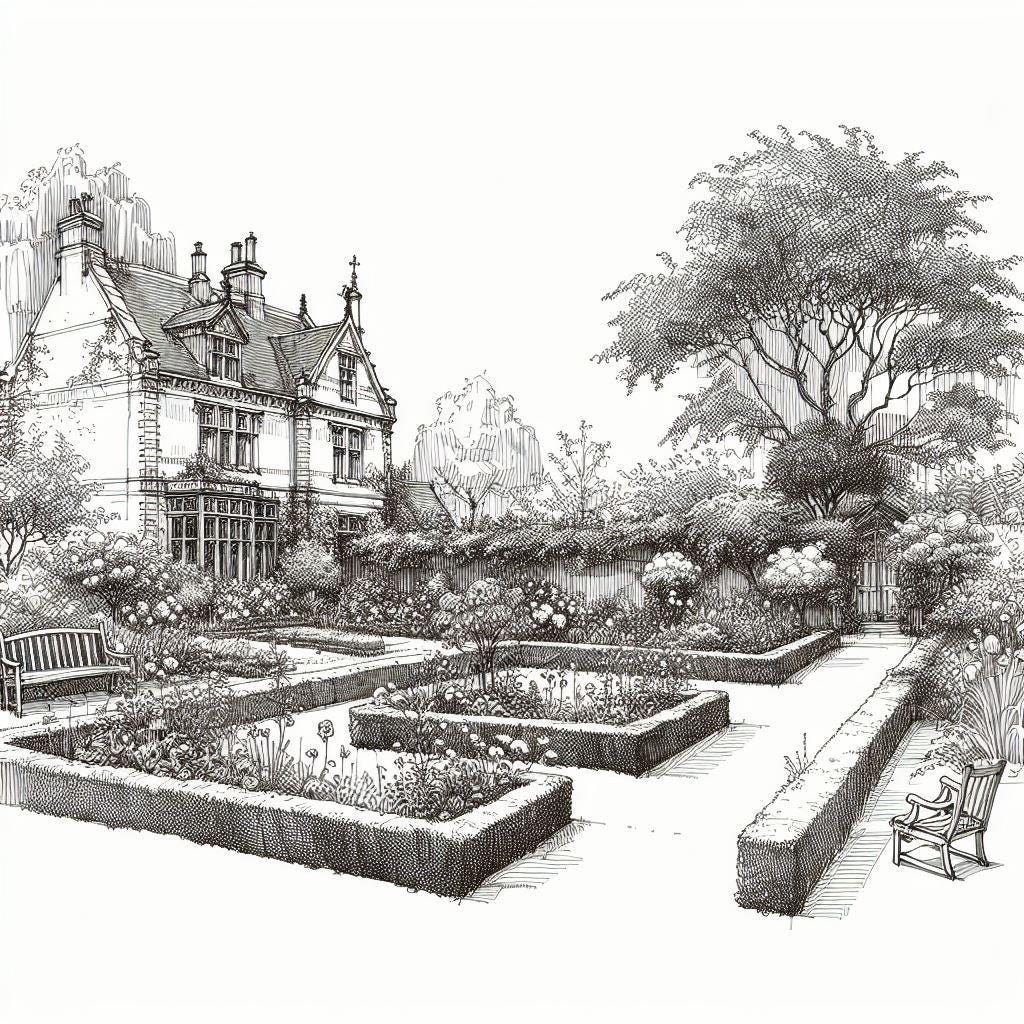 Detailed English Garden Line Art Digital Print | Cottage and Formal ...