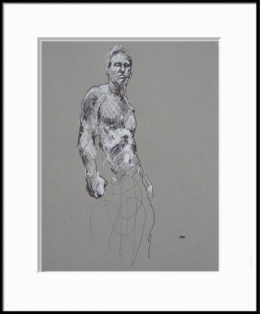Ink Art, Male Figure Drawing on Gray, Ink Drawing, "drawing 628" Sketch ...