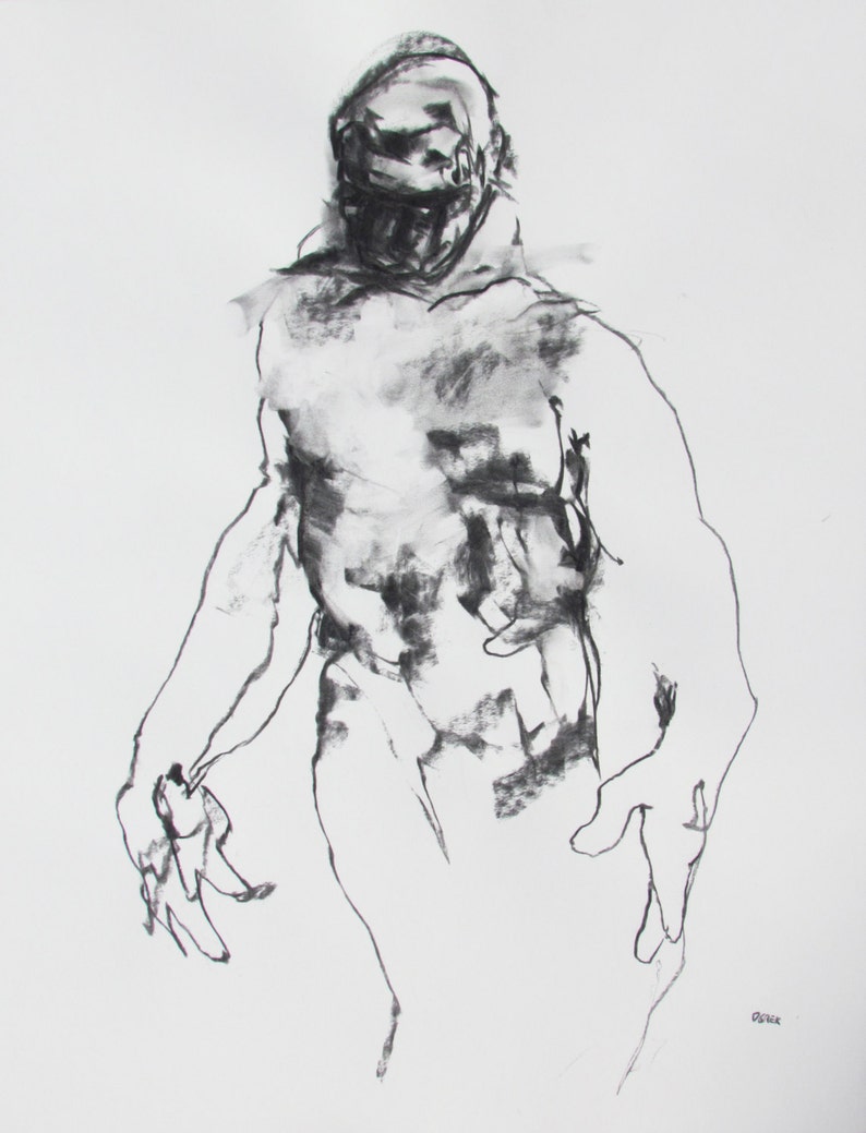 Original Drawing, Abstract Male Figure Line Drawing, 18x24", Black and ...