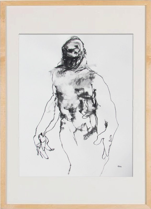 Original Drawing, Abstract Male Figure Line Drawing, 18x24, Black and ...